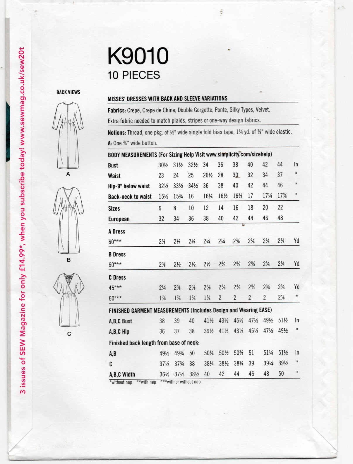 Simplicity K9010 Womens V Back Dress with Sleeve Variations Sewing Pat ...