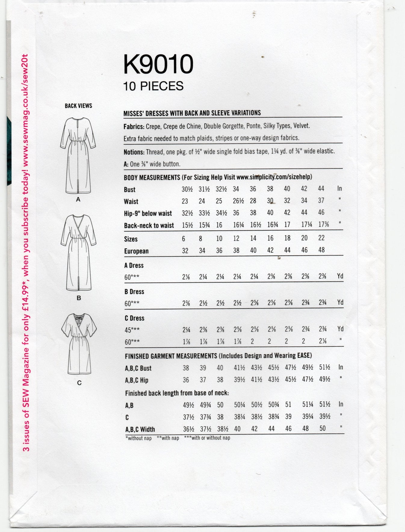 Simplicity K9010 Womens V Back Dress with Sleeve Variations Sewing Pat ...