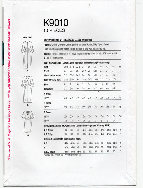 Simplicity K9010 Womens V Back Dress with Sleeve Variations Sewing Pat ...