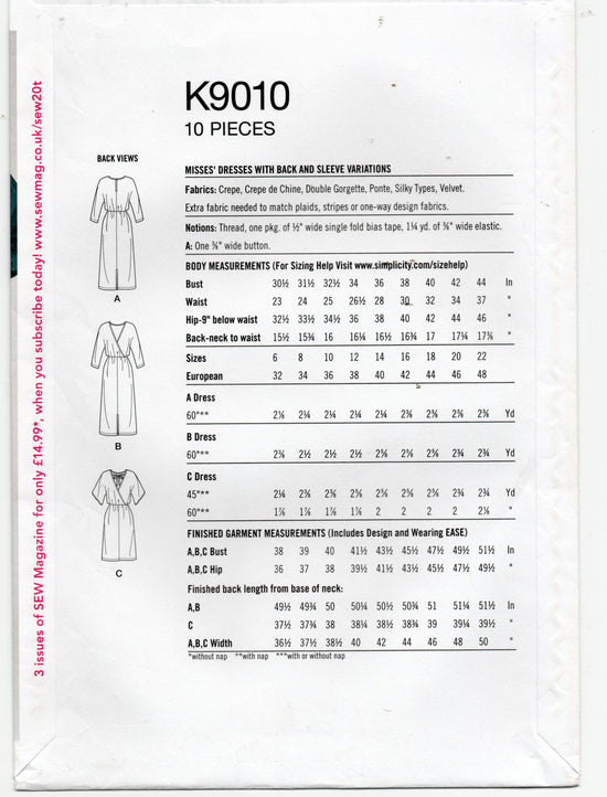Simplicity K9010 Womens V Back Dress with Sleeve Variations Sewing Pat ...