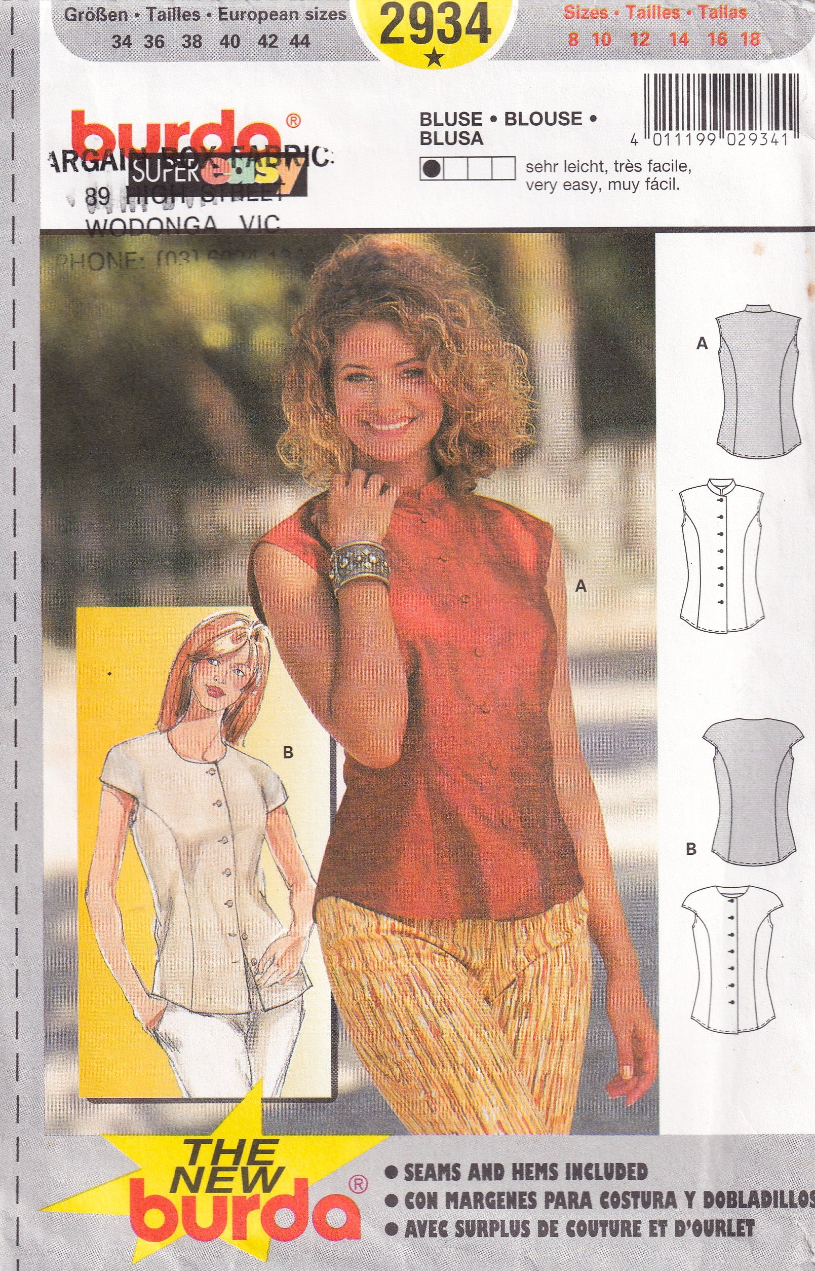 Burda 2934 Womens EASY Princess Blouse 1990s Vintage Sewing Pattern Si ...