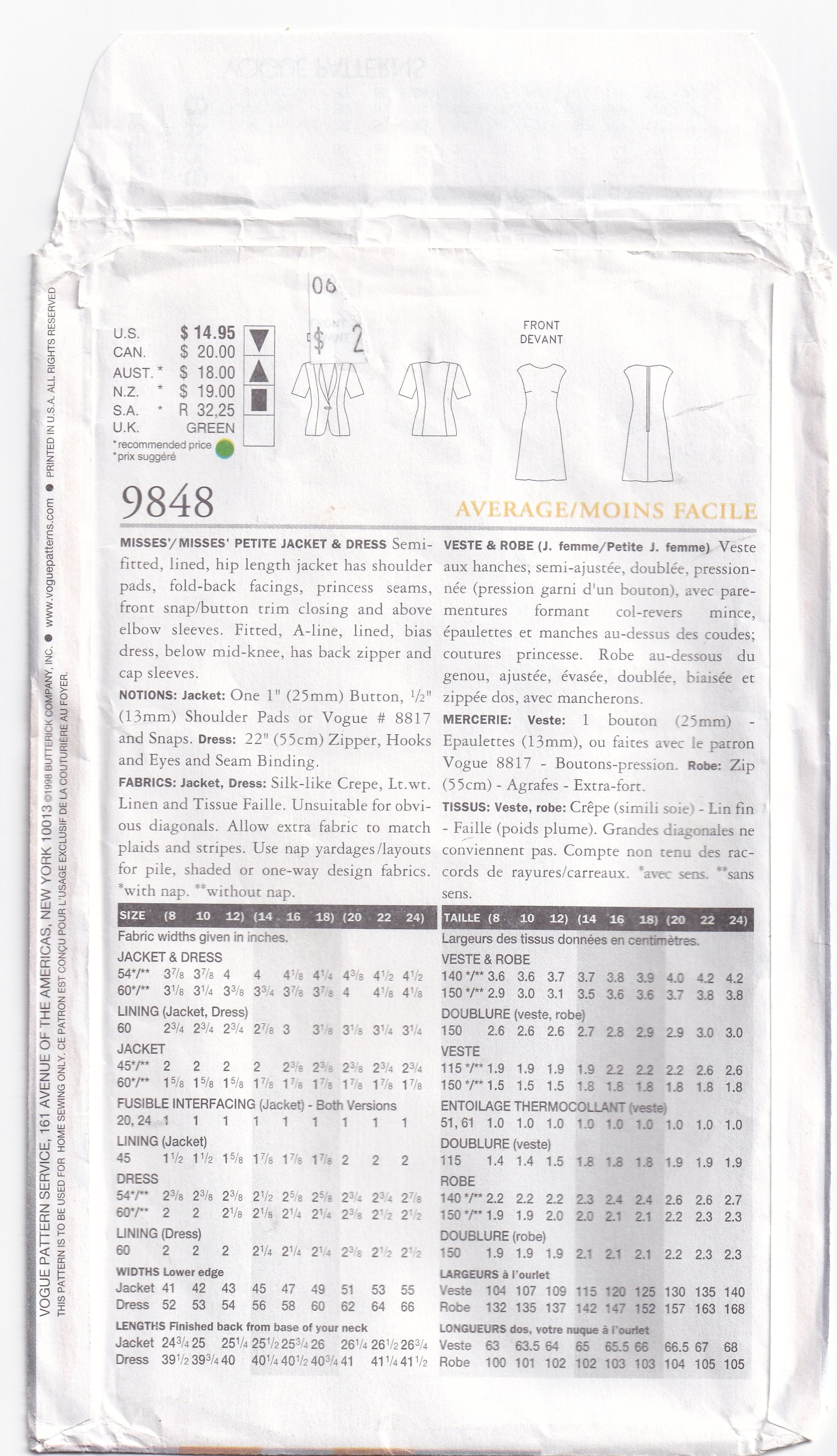 Vogue Woman 9848 Line Bias Cut Cap Sleeved Dress & Jacket 1990s Vintag ...