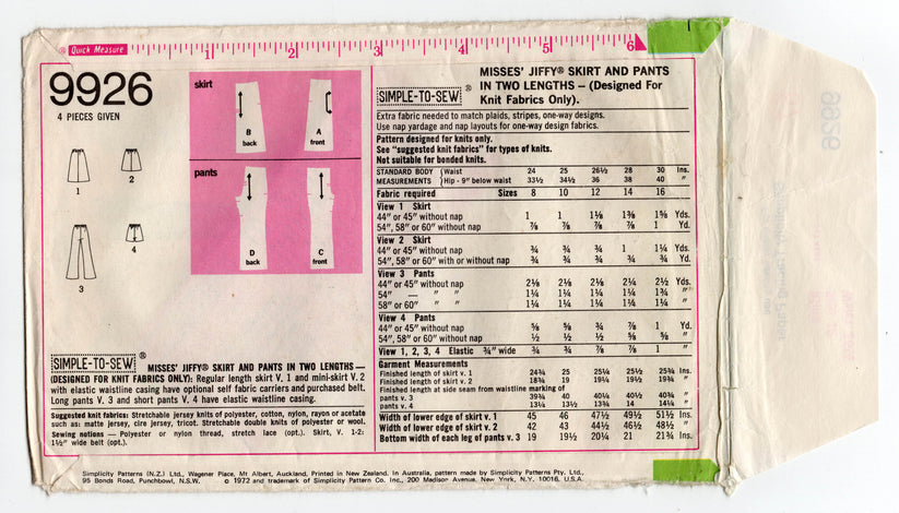 Simplicity 9926 Womens JIFFY Skirt Shorts & Pants 1970s Vintage Sewing ...