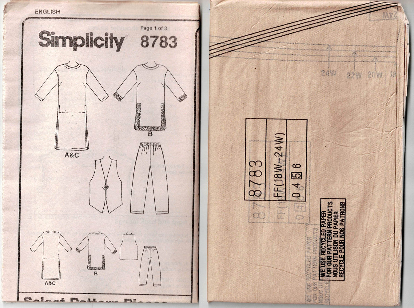 Simplicity 8783 Womens EASY 2 Hour Tunic Vest & Pants 1990s Vintage Se ...