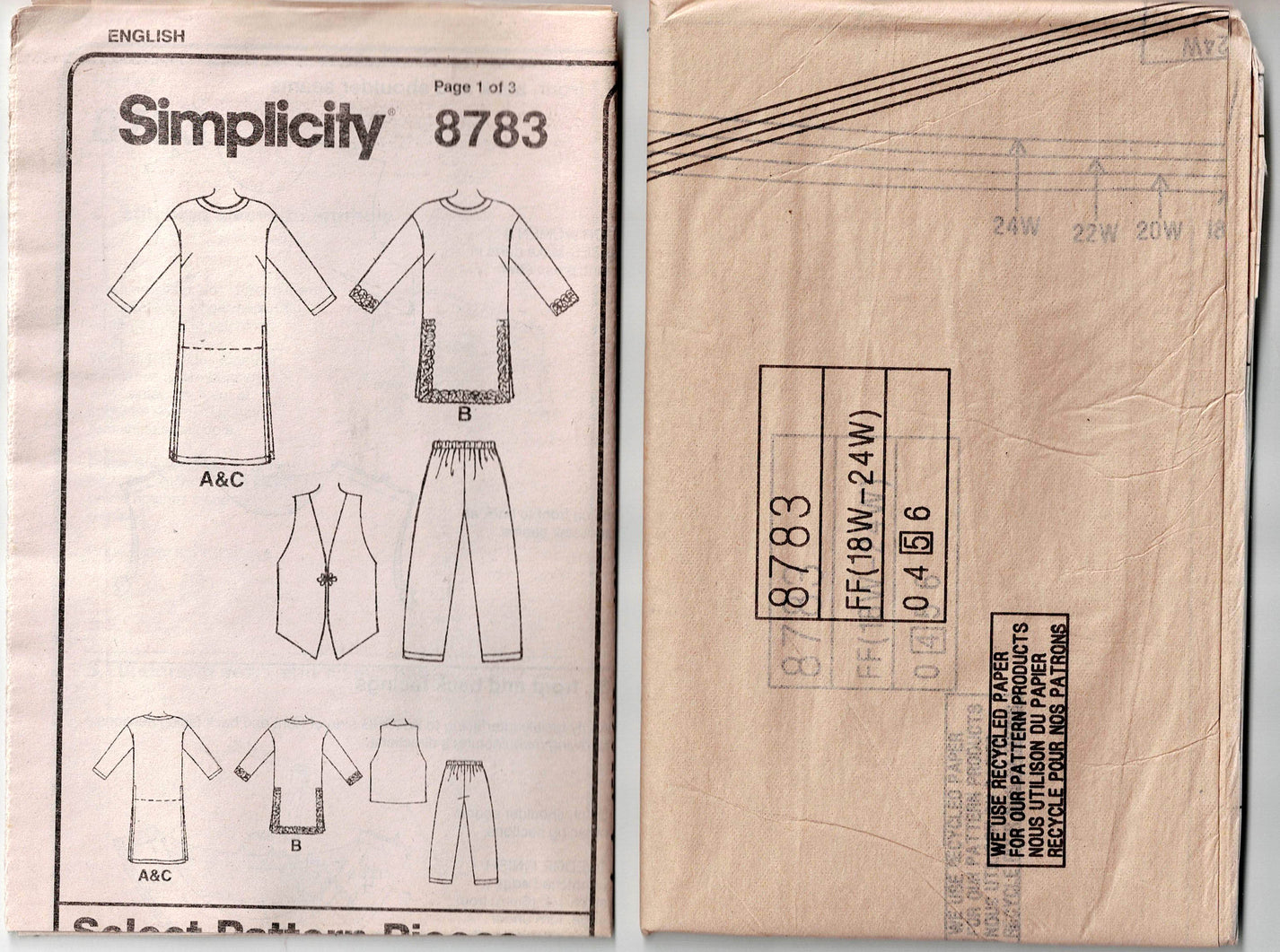 Simplicity 8783 Womens EASY 2 Hour Tunic Vest & Pants 1990s Vintage Se ...