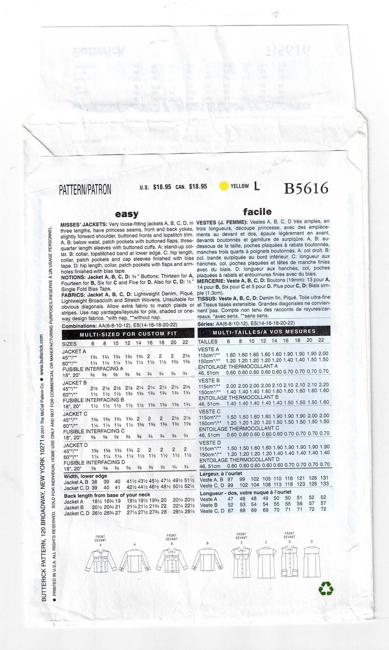 Butterick 5616 Womens Between Season Bomber Style Jackets Sewing Patte ...