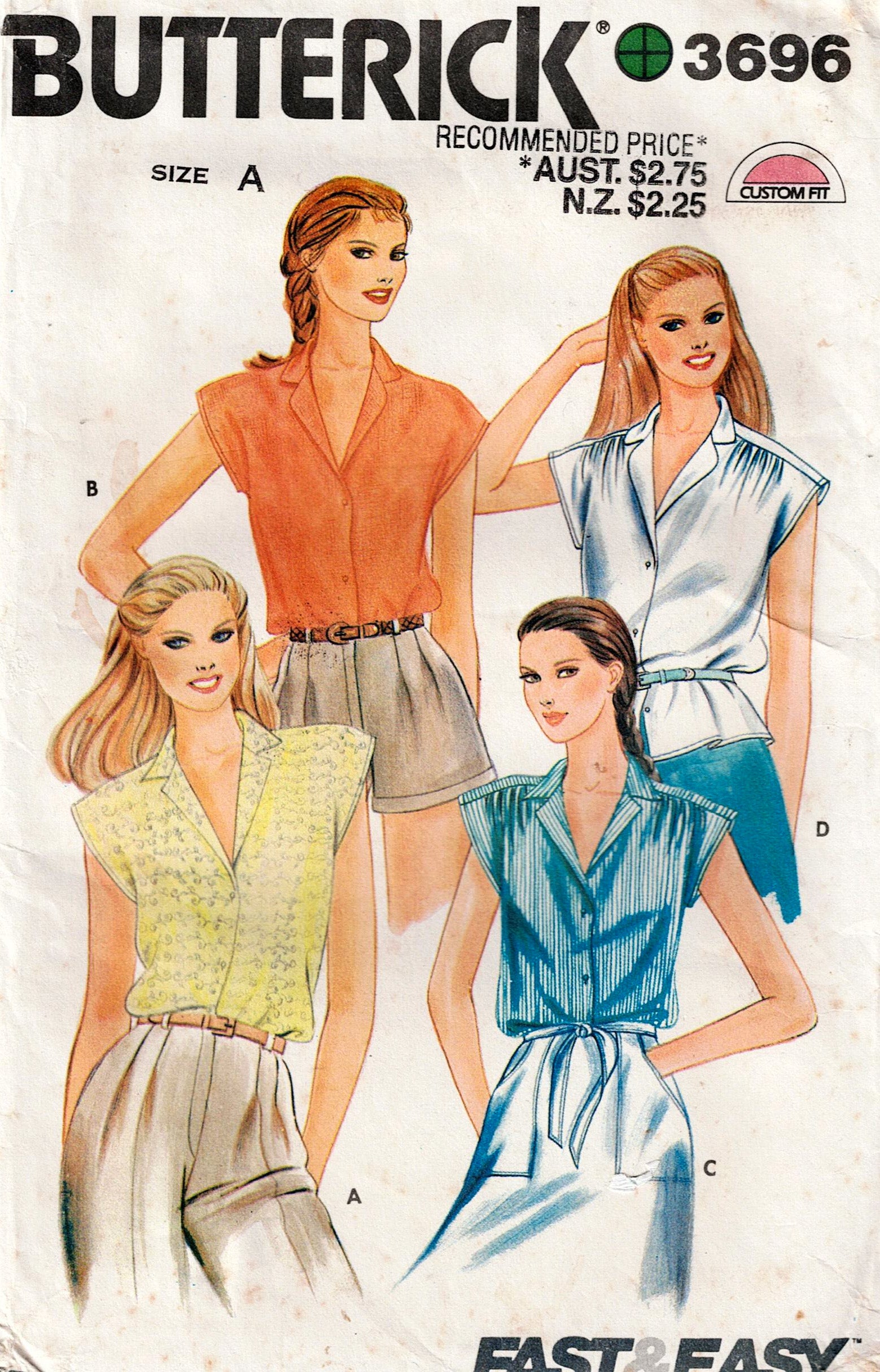 Butterick 3696 Womens EASY Gathered Shoulder Blouses 1980s Vintage Sew ...