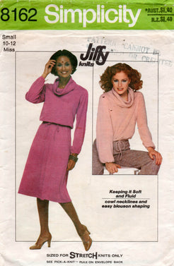 Simplicity 8162 Womens JIFFY Stretch Cowl Neck Top & Skirt 1970s Vinta ...