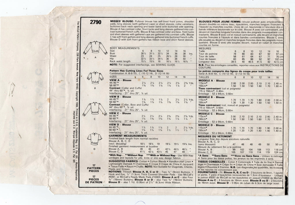 McCall's 2790 Womens Evening Blouses with Puff / Flutter Sleeve Collar