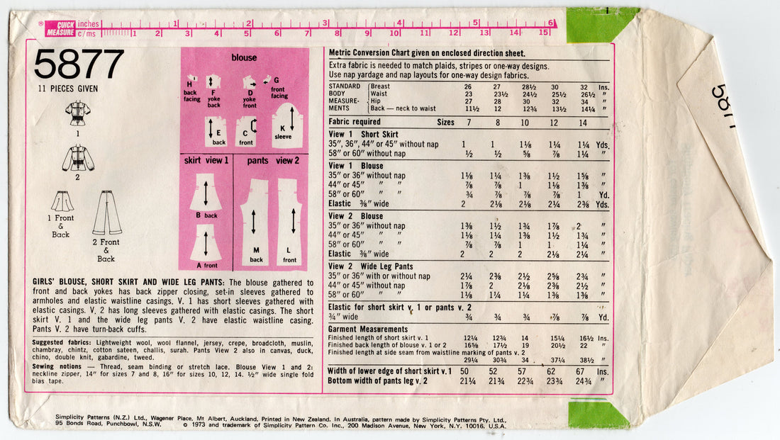 Simplicity 5877 Girls Puff Sleeved Blouse Mini Skirt & Wide Leg Pants ...