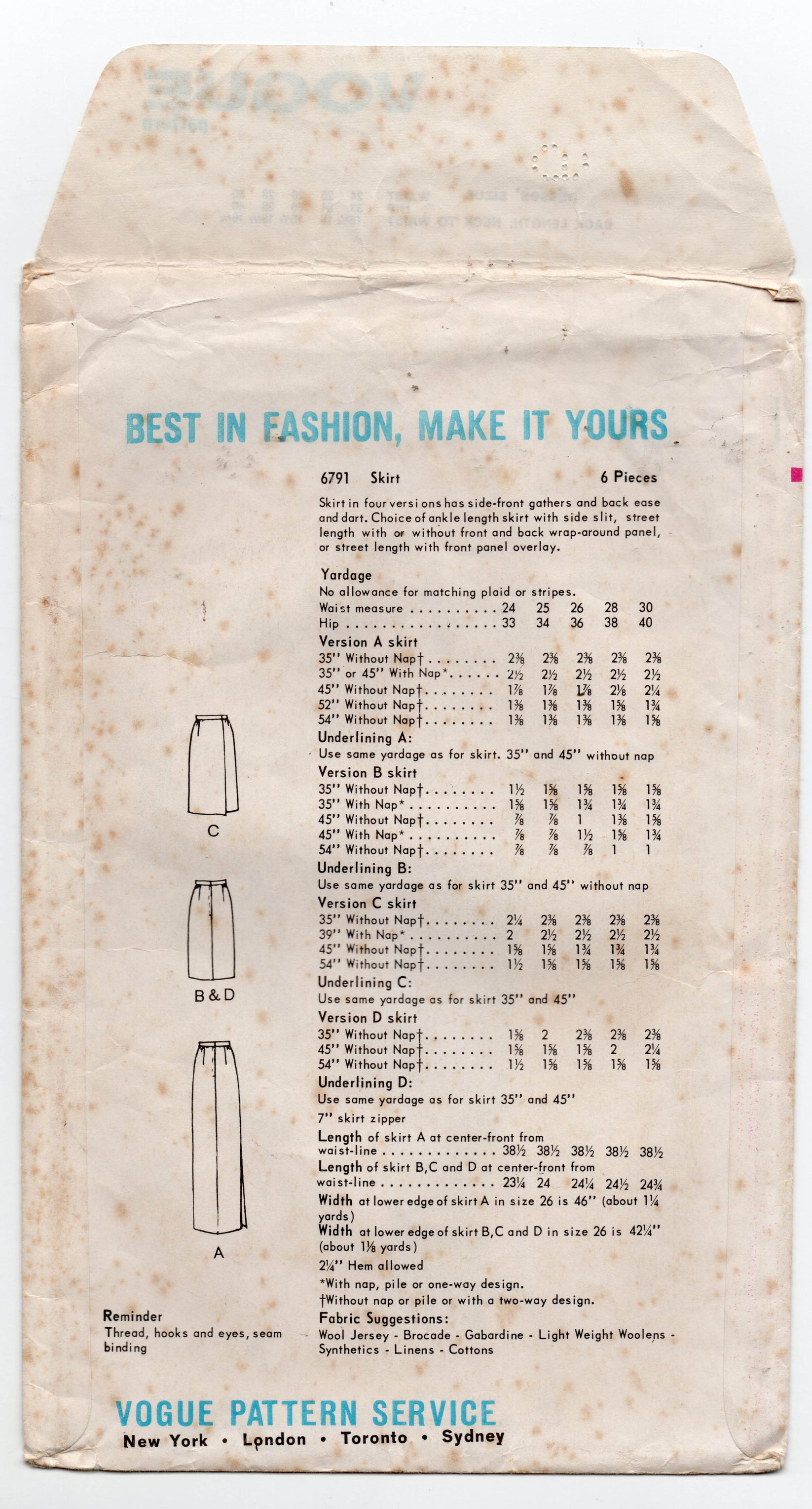 Vogue 6791 Womens Wrap Pencil or Evening Skirts 1960s Vintage Sewing P ...