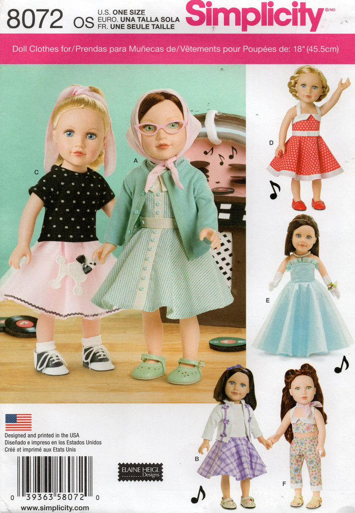 Simplicity 8072 RETRO Doll Wardrobe for 18 Inch Dolls Sewing Pattern U ...