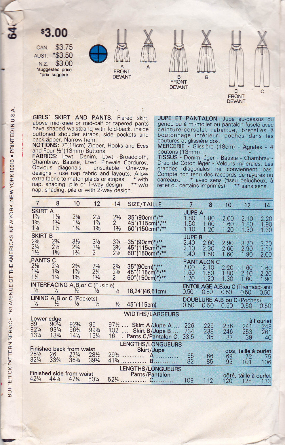 Butterick 6407 Girls Skirt & Pants with Shaped Waistband 1980s Vintage ...