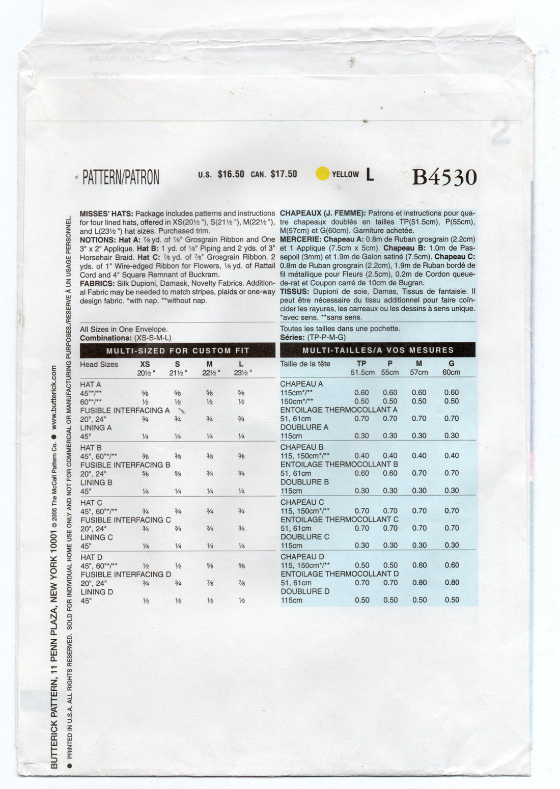 Butterick B4530 Womens Hats in 4 Styles Out Of Print Sewing Pattern UN ...