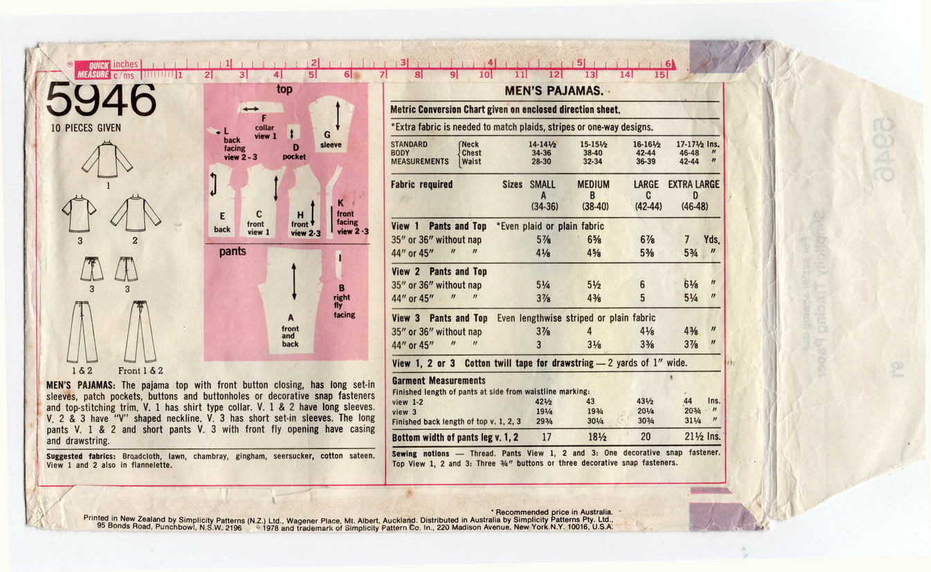 Simplicity 5946 Mens Pajamas 3 Styles 1970s Vintage Sewing Pattern Siz ...
