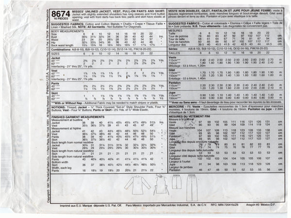 McCall's 8674 Womens Non-Stop Capsule Wardrobe Separates 1990s Vintage